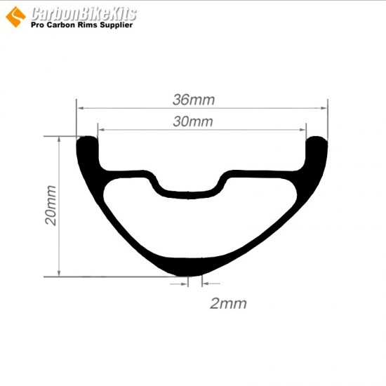 285g Lightweight 29er Carbon 36x20mm inner Width 30mm Tubeless Hookless Asymetric MTB Rim